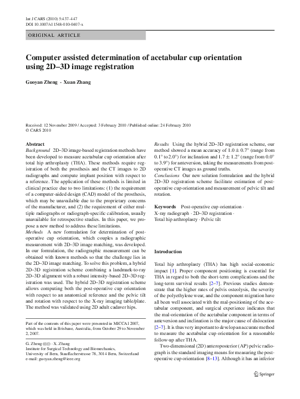 (PDF) Computer assisted determination of acetabular cup orientation using 2D–3D image ...