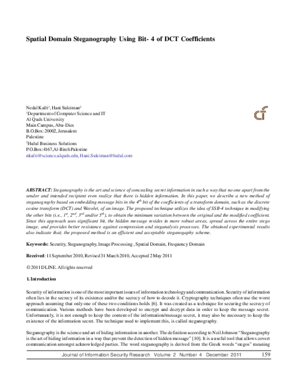 (PDF) Spatial Domain Steganography Using Bit-4 of DCT Coefficients