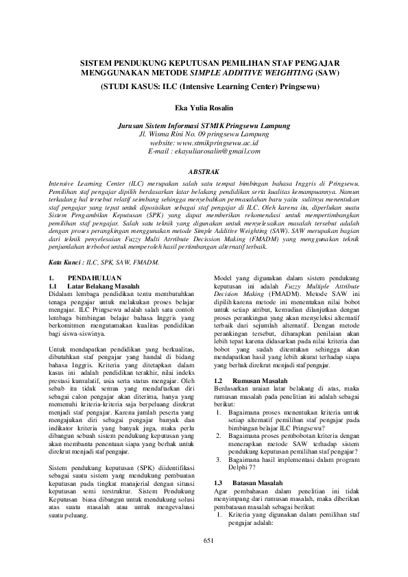 (PDF) SISTEM PENDUKUNG KEPUTUSAN PEMILIHAN STAF PENGAJAR MENGGUNAKAN METODE SIMPLE ADDITIVE ...