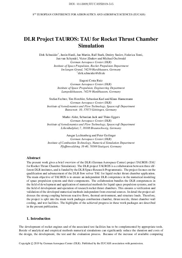 (PDF) DLR Project TAUROS: TAU for Rocket Thrust Chamber Simulation