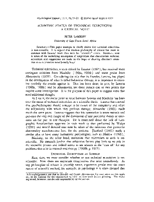 (PDF) Scientific Status of Technical Eclecticism: A Critical Note