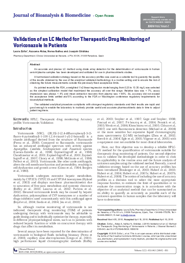 (PDF) Validation of an LC Method for Therapeutic Drug Monitoring of Voriconazole in Patients