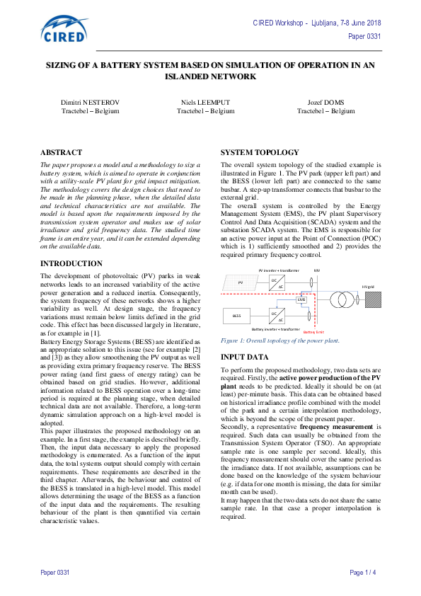 (PDF) Sizing of a battery system based on simulation of operation in an islanded network | Niels ...