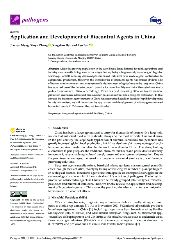 (PDF) Application and Development of Biocontrol Agents in China