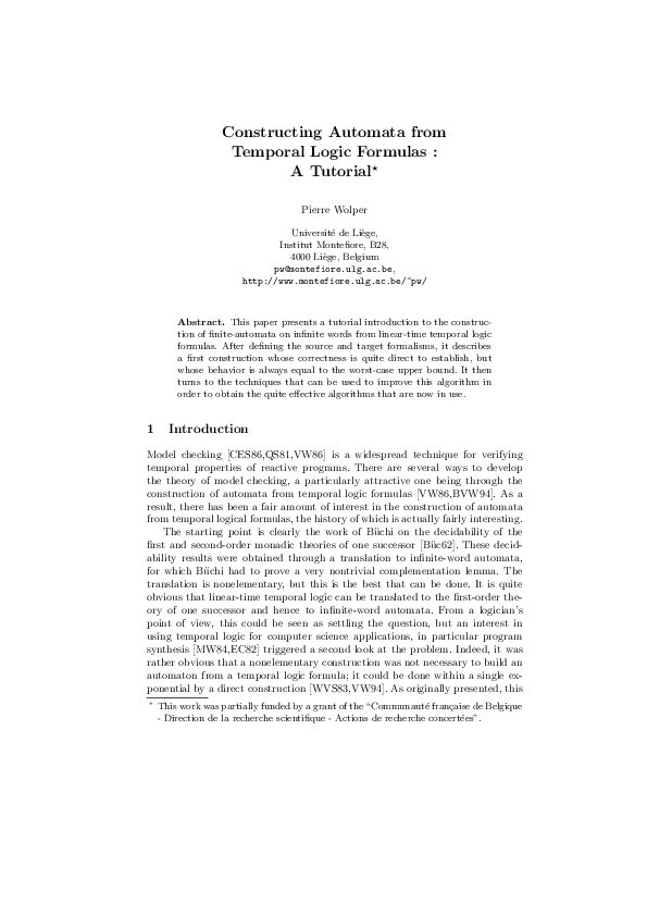 (PDF) Constructing Automata from Temporal Logic Formulas: A Tutorial⋆
