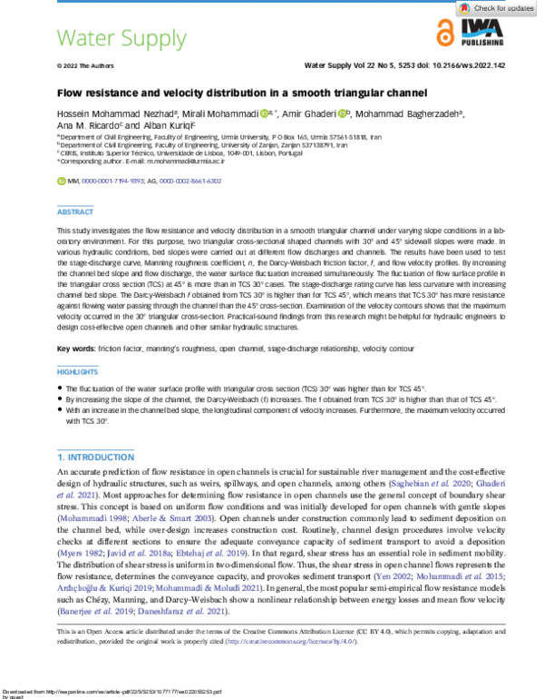 (PDF) Flow resistance and velocity distribution in a smooth triangular ...