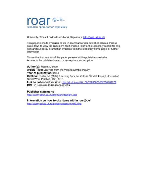 (PDF) Learning from the Victoria Climbié Inquiry