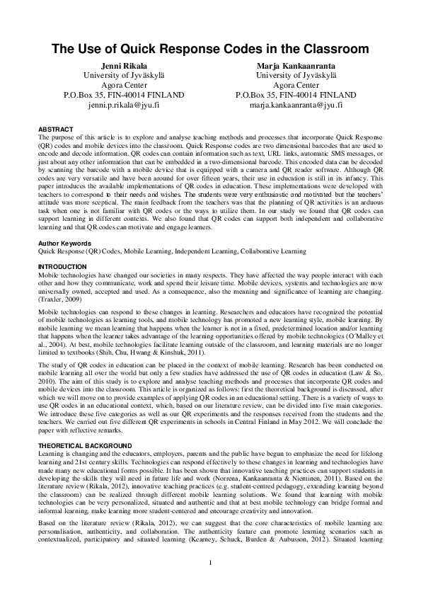 (PDF) The Use of Quick Response Codes in the Classroom | Marja Kankaanranta - Academia.edu