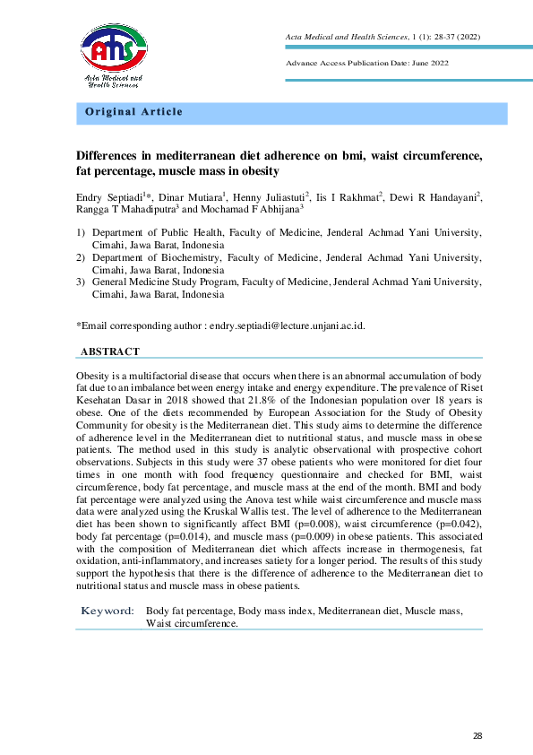 Pdf Differences In Mediterranean Diet Adherence On Bmi Waist 0424