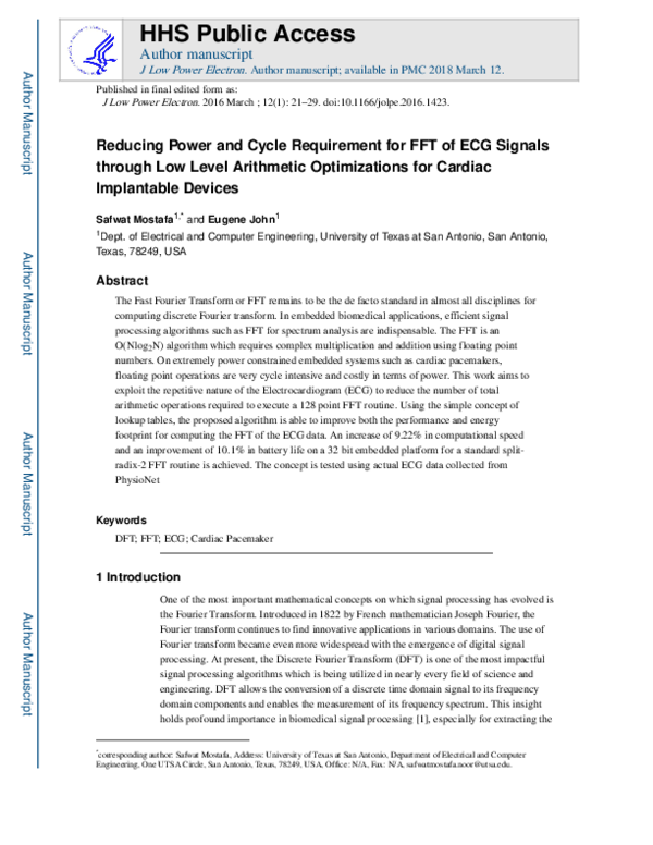 Pdf Reducing Power And Cycle Requirement For Fast Fourier Transform Of Electrocardiogram