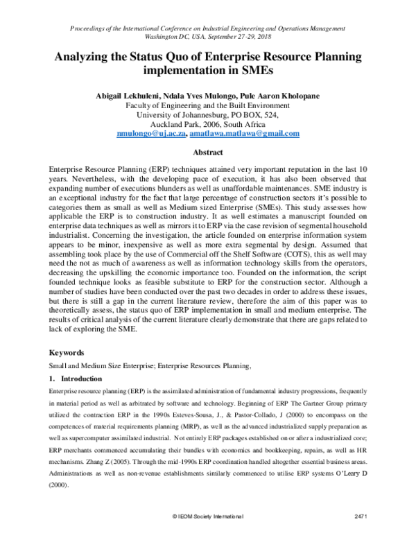 (PDF) Analyzing the Status Quo of Enterprise Resource Planning implementation in SMEs