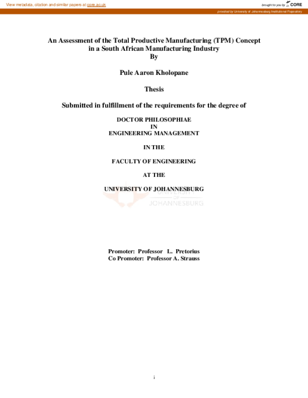 (PDF) An assessment of the Total Productive Manufacturing (TPM) concept in a South African ...