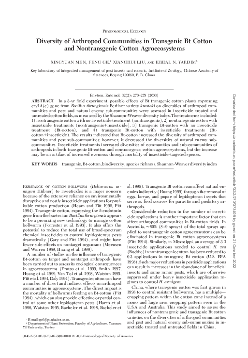 (PDF) Diversity of Arthropod Communities in Transgenic Bt Cotton and ...