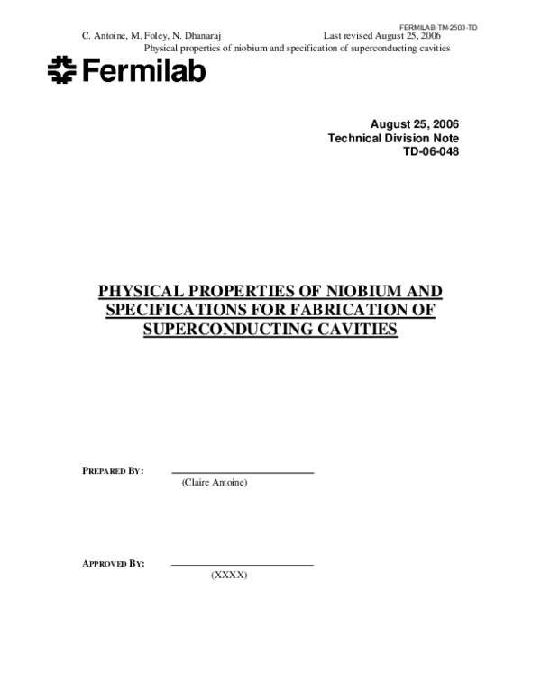 (PDF) Physical Properties of Niobium and Specifications for Fabrication of Superconducting Cavities