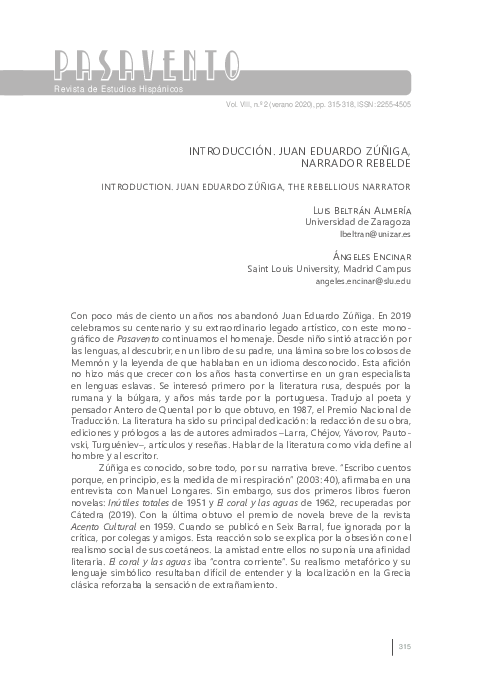 (PDF) Introducción. Juan Eduardo Zúñiga, narrador rebelde