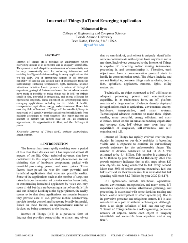 Pdf Internet Of Things Iot And Emerging Application