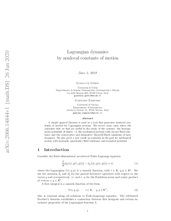 (PDF) Lagrangian dynamics by nonlocal constants of motion