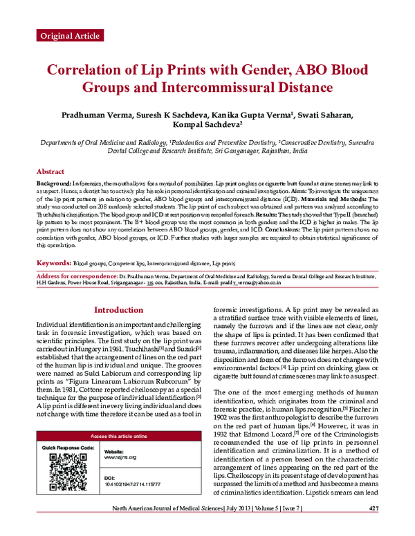 (PDF) Correlation of lip prints with gender, ABO blood groups and ...