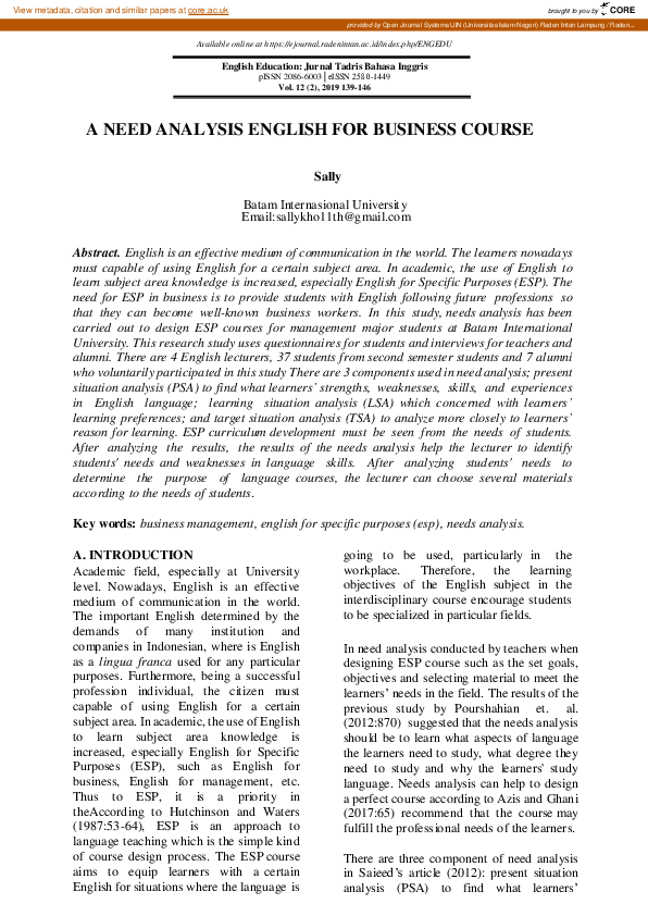 (PDF) A Need Analysis English for Business Course