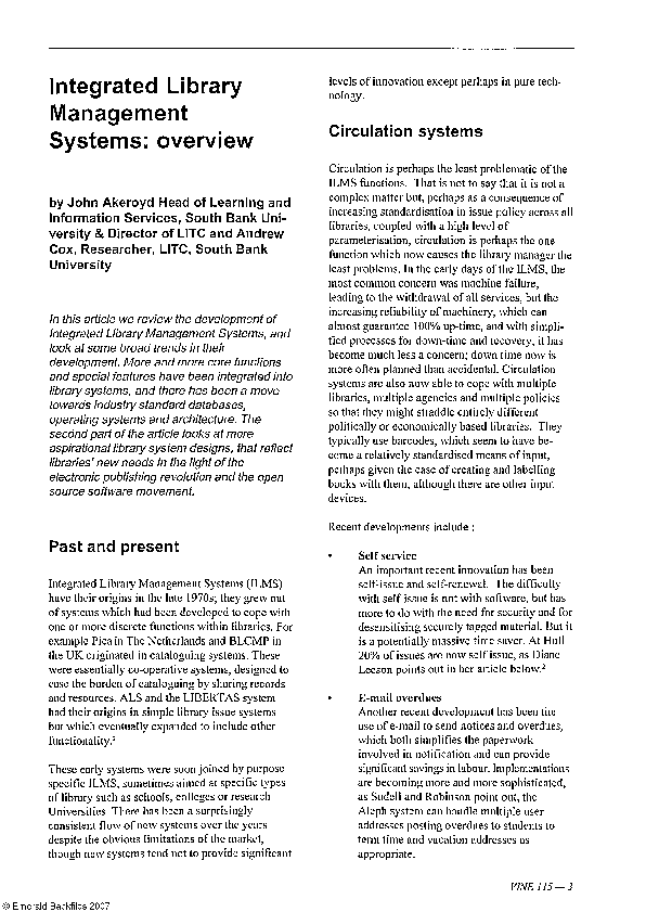 (PDF) Integrated Library Management Systems: overview