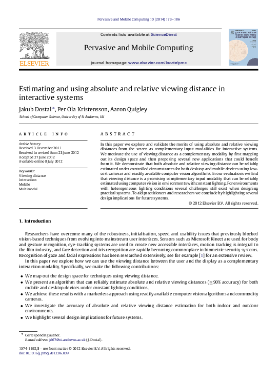 (PDF) Estimating and using absolute and relative viewing distance in interactive systems