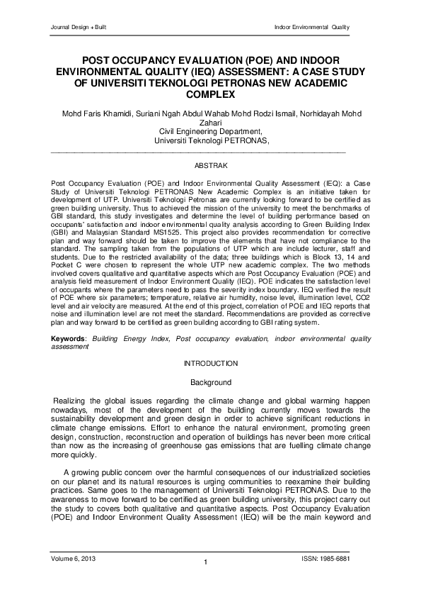 (PDF) Post Occupancy Evaluation (Poe) and Indoor Environmental Quality ...