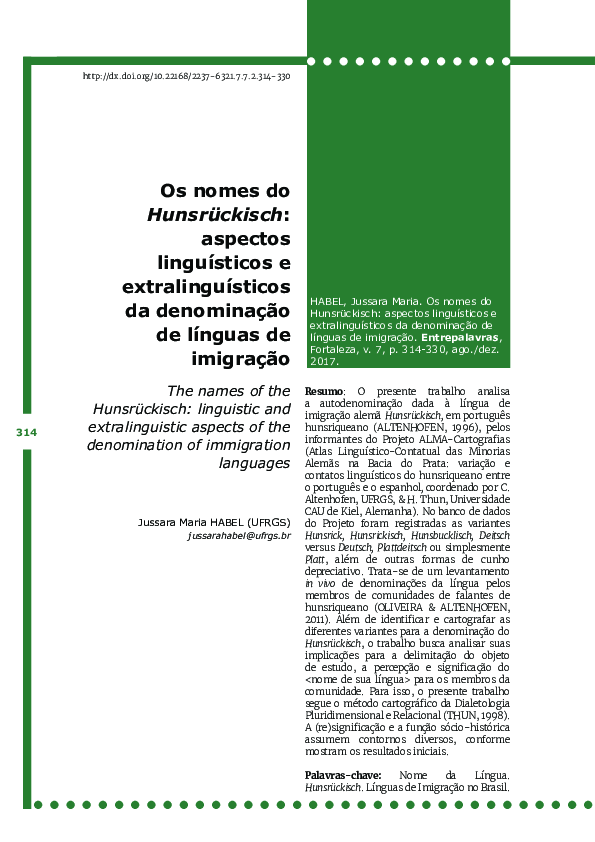 (PDF) Os nomes do Hunsrückisch: aspectos linguísticos e ...