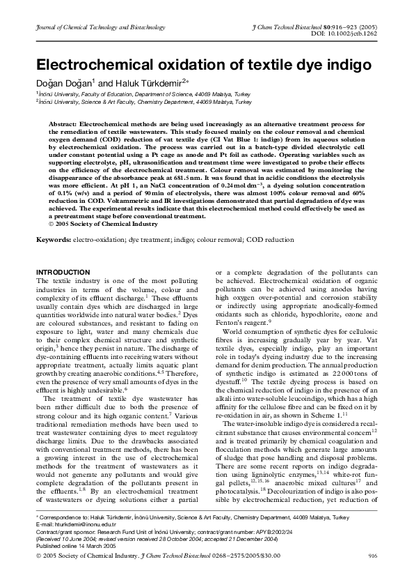 (PDF) Electrochemical oxidation of textile dye indigo