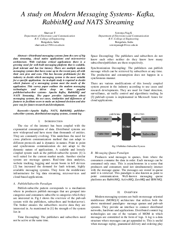 (PDF) A study on Modern Messaging Systems- Kafka, RabbitMQ and NATS Streaming