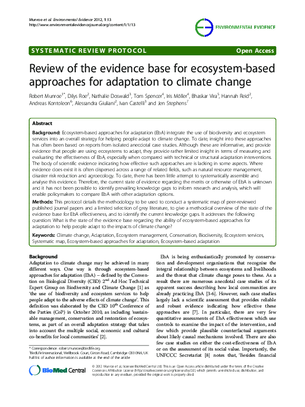 (PDF) Review of the evidence base for ecosystem-based approaches for adaptation to climate change
