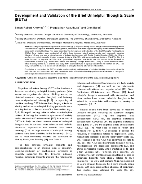 (PDF) Development and validation of the brief unhelpful thoughts scale (BUTs)
