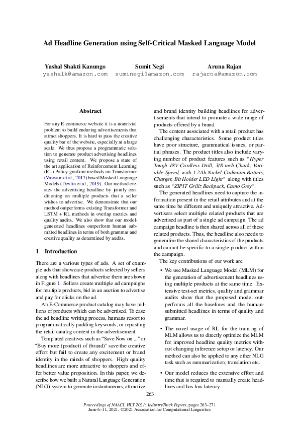 (PDF) Ad Headline Generation using Self-Critical Masked Language Model
