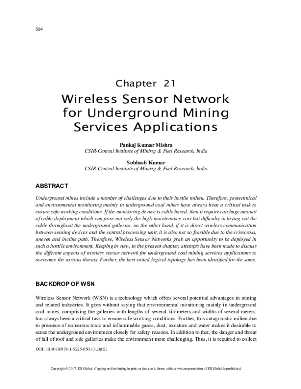 (PDF) Wireless Sensor Network for Underground Mining Services Applications