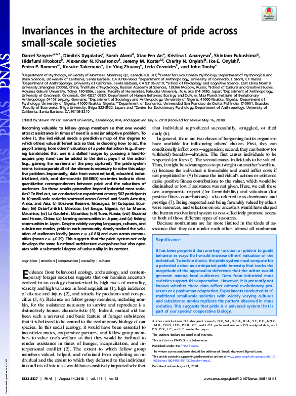 (PDF) Invariances in the architecture of pride across small-scale societies