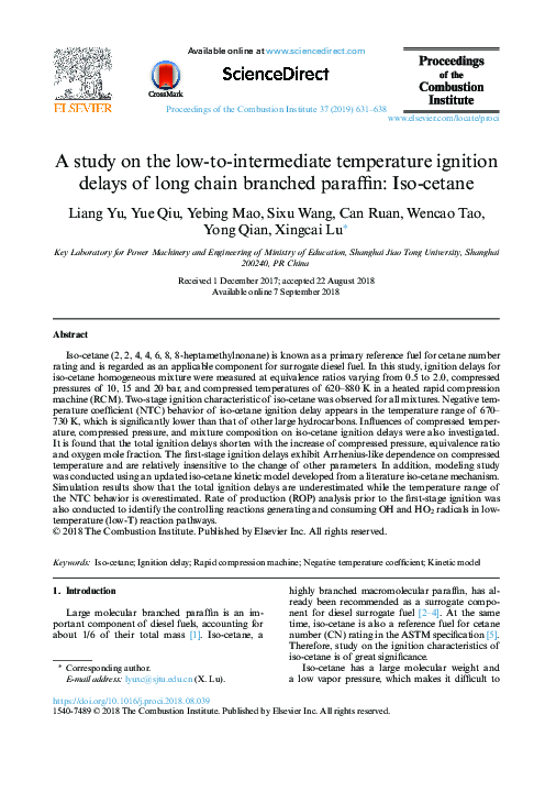 (PDF) Iso-cetane Ignition Delays at Low Temperatures