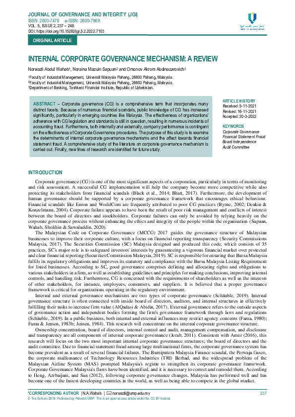 (PDF) Internal Corporate Governance Mechanism: A Review