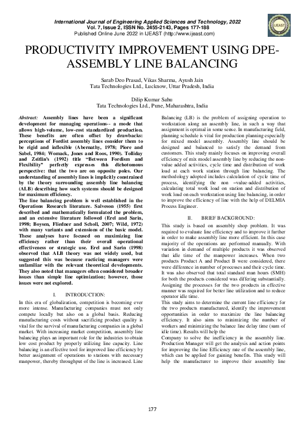 (PDF) Productivity Improvement Using Dpeassembly Line Balancing | Dilip Kumar Sahu - Academia.edu
