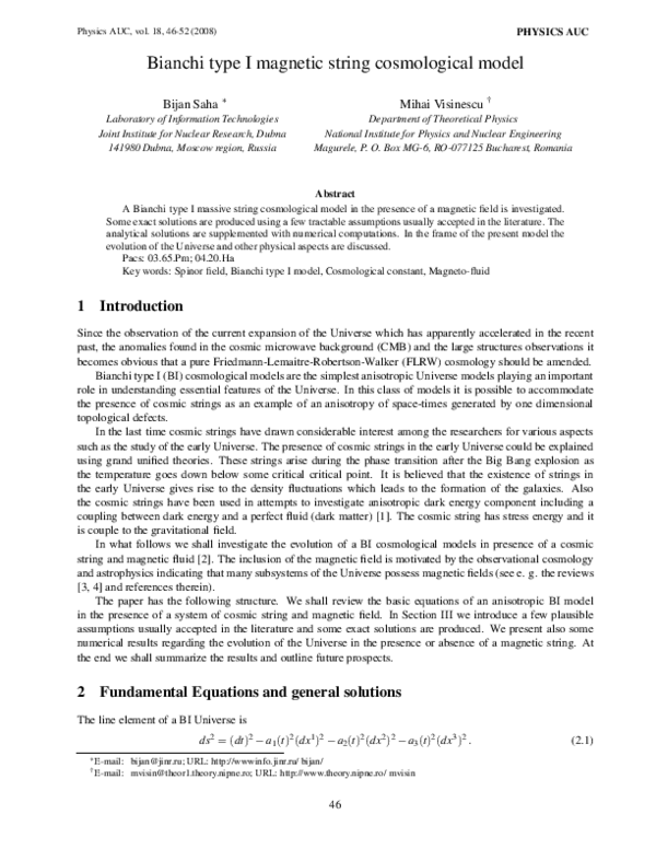 (PDF) Bianchi type I magnetic string cosmological model | Bijan Saha - Academia.edu