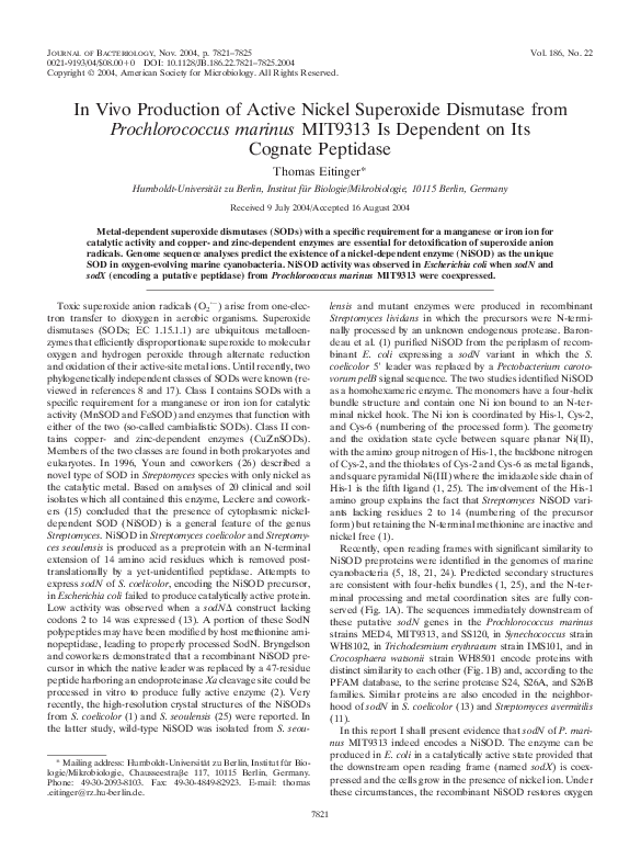 (PDF) In Vivo Production of Active Nickel Superoxide Dismutase from ...