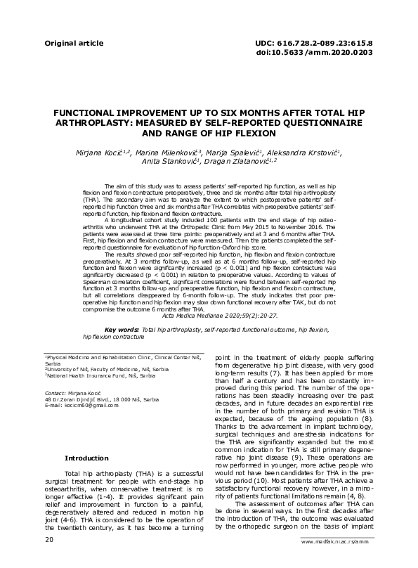 Pdf Functional Improvement Up To Six Months After Total Hip Arthroplasty Measured By Self