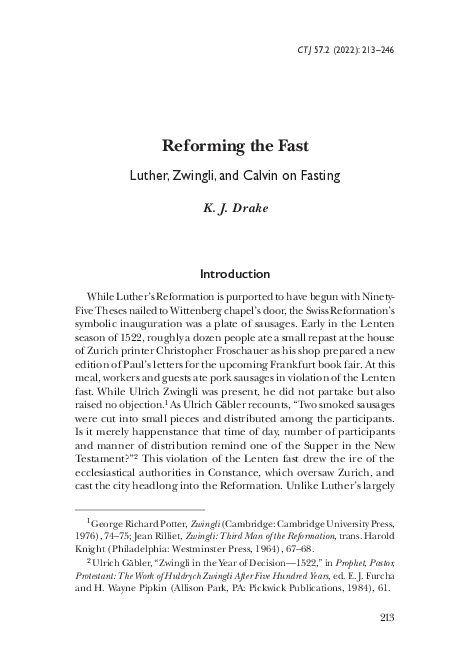 (PDF) Reforming the Fast: Luther, Zwingli, and Calvin on Fasting