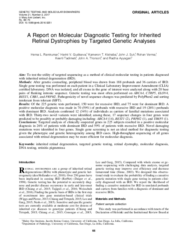 (PDF) A Report on Molecular Diagnostic Testing for Inherited Retinal ...