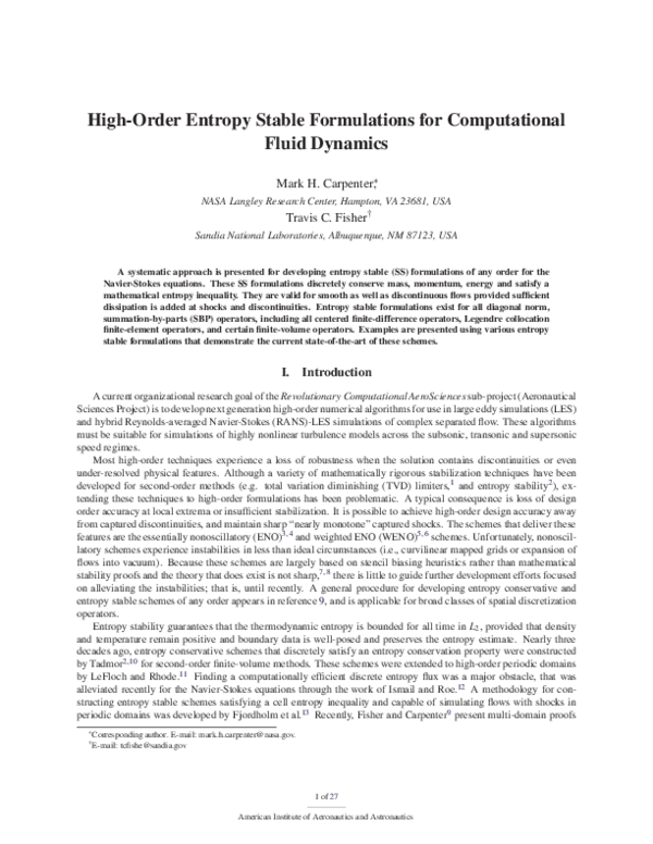 (PDF) High-Order Entropy Stable Formulations for Computational Fluid Dynamics