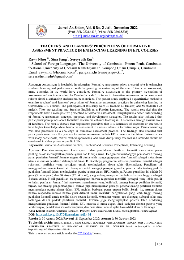 (PDF) TEACHERS' AND LEARNERS' PERCEPTIONS OF FORMATIVE ASSESSMENT PRACTICE IN ENHANCING LEARNING ...