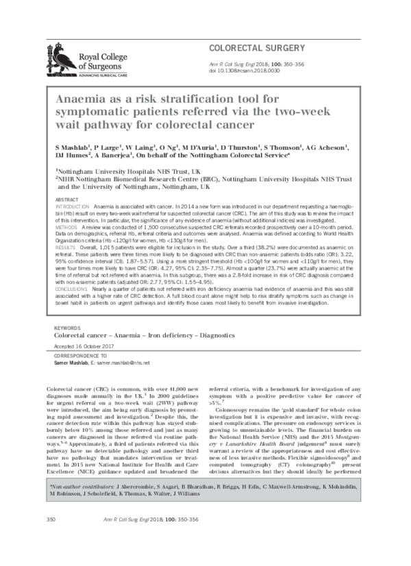 (PDF) Anaemia as a risk stratification tool for symptomatic patients ...