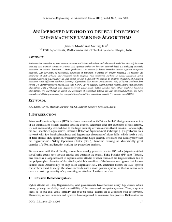 Pdf An Improved Method To Detect Intrusion Using Machine Learning Algorithms