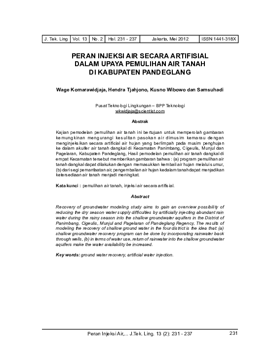 (PDF) Peran Injeksi Air Secara Artifisial Dalam Upaya Pemulihan Air ...