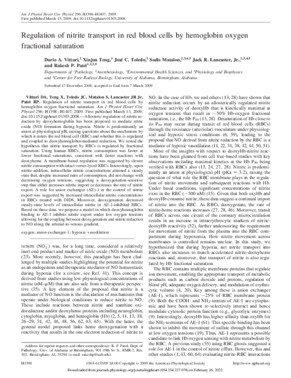 (PDF) Regulation of nitrite transport in red blood cells by hemoglobin ...