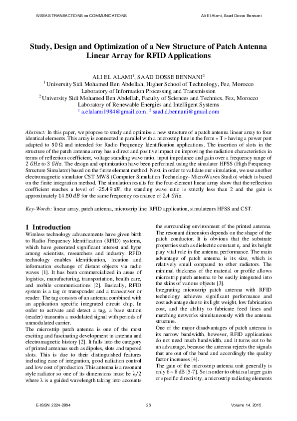 (PDF) Study, Design and Optimization of a New Structure of Patch Antenna Linear Array for RFID ...