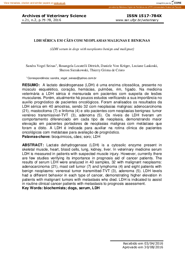 (PDF) LDH Sérica Em Cães Com Neoplasias Malignas e Benignas | Luciane ...